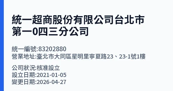 統一超商股份有限公司台北市第一0四三分公司的照片-統編 83202880(臺北市) 公司登記資料與營業項目詳細圖表