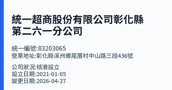 統一超商股份有限公司彰化縣第二六一分公司的照片-統編 83203065(彰化縣) 公司登記資料與營業項目詳細圖表