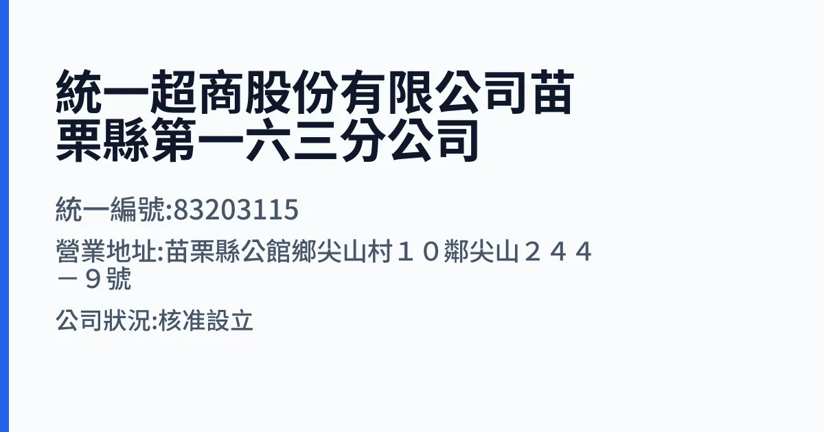 統一超商股份有限公司苗栗縣第一六三分公司 - 統編 83203115(苗栗縣) 公司登記資料與營業項目詳細圖表