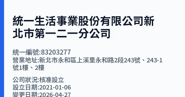 統一生活事業股份有限公司新北市第一二一分公司的照片-統編 83203277(新北市) 公司登記資料與營業項目詳細圖表