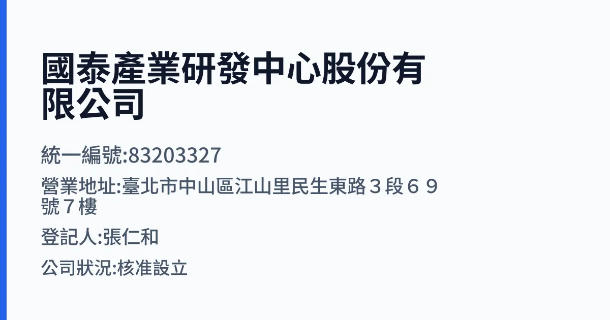 國泰產業研發中心股份有限公司 - 統編 83203327(臺北市) 公司登記資料與營業項目詳細圖表
