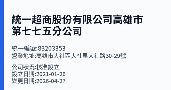 統一超商股份有限公司高雄市第七七五分公司的照片-統編 83203353(高雄市) 公司登記資料與營業項目詳細圖表