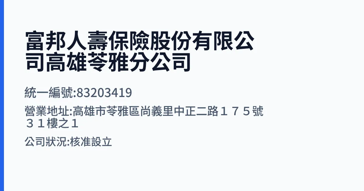 富邦人壽保險股份有限公司高雄苓雅分公司 - 統編 83203419(高雄市) 公司登記資料與營業項目詳細圖表