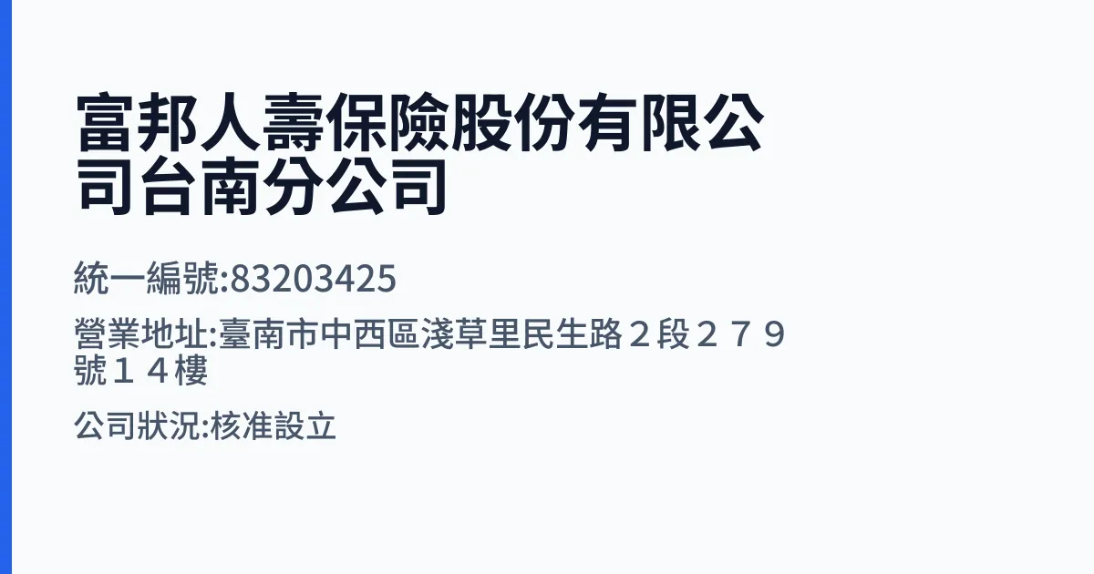 富邦人壽保險股份有限公司台南分公司 - 統編 83203425（臺南市） 公司登記資料與營業項目詳細圖表