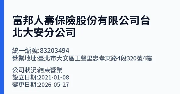 富邦人壽保險股份有限公司台北大安分公司的照片-統編 83203494(臺北市) 公司登記資料與營業項目詳細圖表