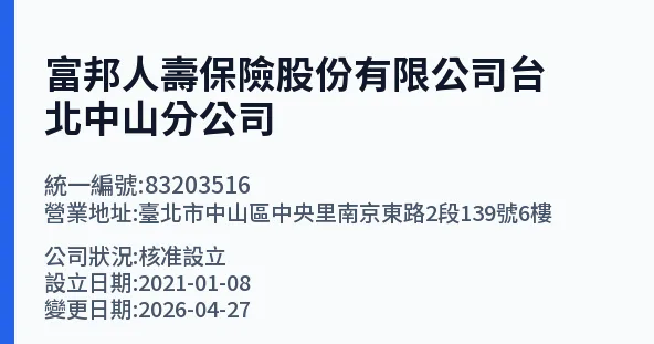 富邦人壽保險股份有限公司台北中山分公司的照片-統編 83203516(臺北市) 公司登記資料與營業項目詳細圖表