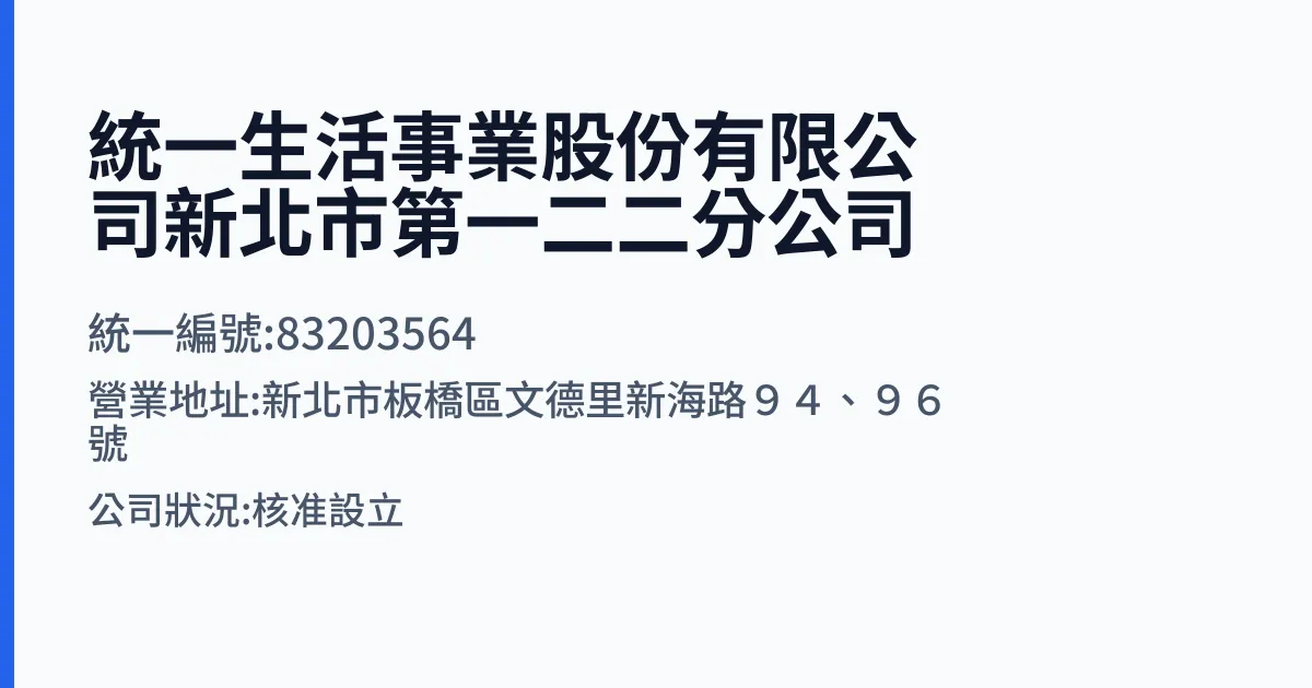 統一生活事業股份有限公司新北市第一二二分公司 - 統編 83203564(新北市) 公司登記資料與營業項目詳細圖表