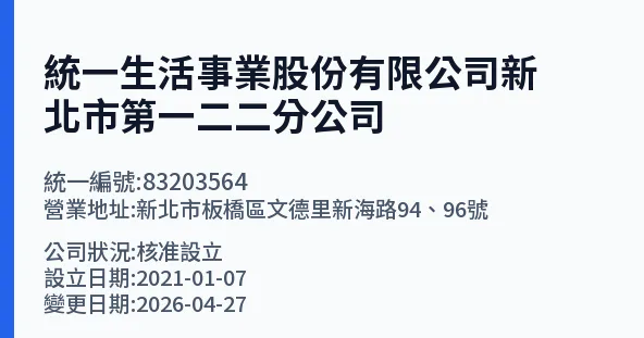 統一生活事業股份有限公司新北市第一二二分公司的照片-統編 83203564(新北市) 公司登記資料與營業項目詳細圖表
