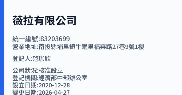 薇拉有限公司的照片-統編 83203699(南投縣) 公司登記資料與營業項目詳細圖表
