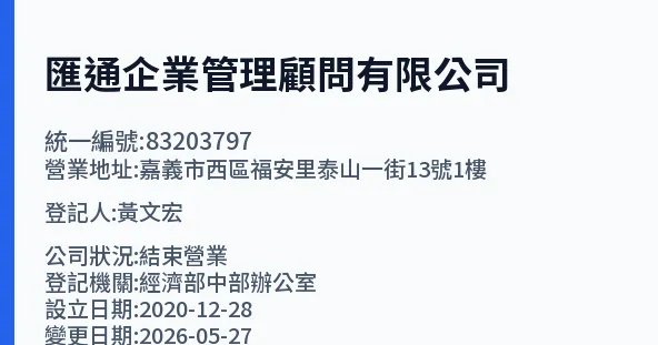 匯通企業管理顧問有限公司的照片-統編 83203797(嘉義市) 公司登記資料與營業項目詳細圖表