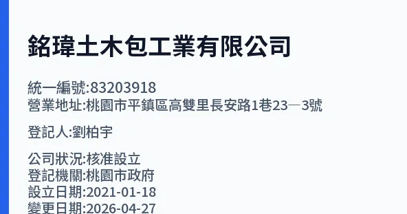 銘瑋土木包工業有限公司的照片-統編 83203918(桃園市) 公司登記資料與營業項目詳細圖表