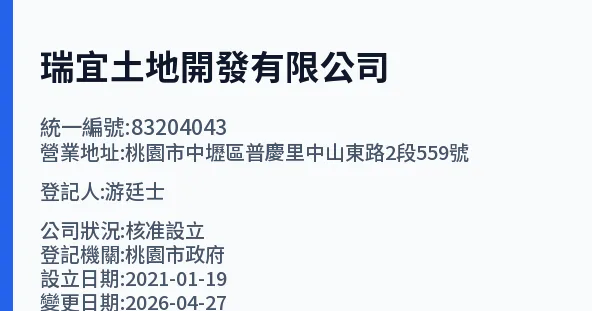 瑞宜土地開發有限公司的照片-統編 83204043(桃園市) 公司登記資料與營業項目詳細圖表