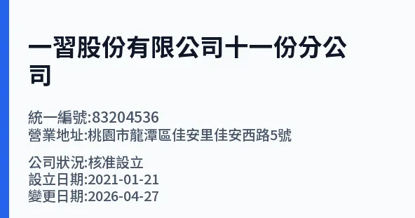 一習股份有限公司十一份分公司的照片-統編 83204536(桃園市) 公司登記資料與營業項目詳細圖表