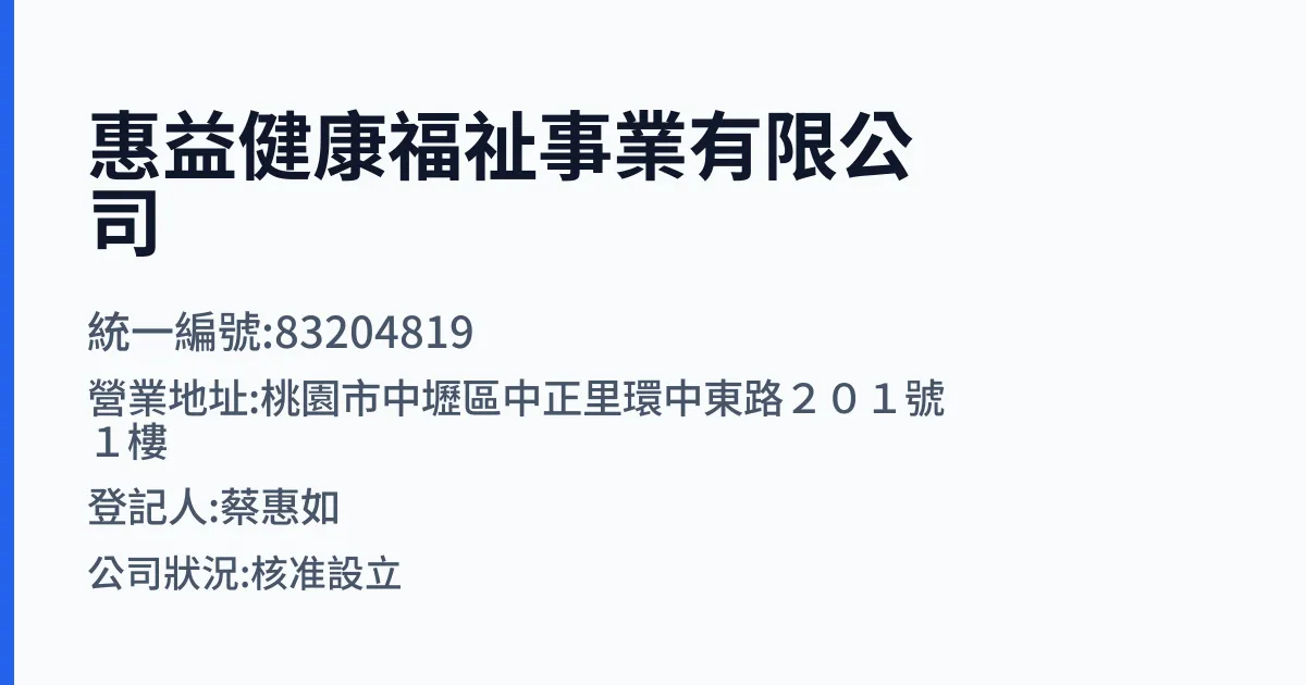 惠益健康福祉事業有限公司 - 統編 83204819(桃園市) 公司登記資料與營業項目詳細圖表