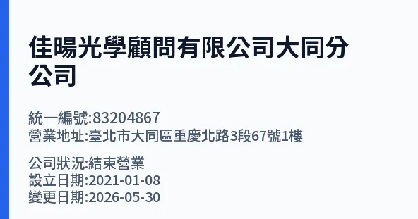 佳暘光學顧問有限公司大同分公司的照片-統編 83204867(臺北市) 公司登記資料與營業項目詳細圖表