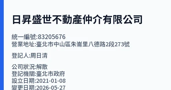 日昇盛世不動產仲介有限公司的照片-統編 83205676(臺北市) 公司登記資料與營業項目詳細圖表
