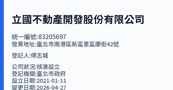 立國不動產開發股份有限公司的照片-統編 83205697(臺北市) 公司登記資料與營業項目詳細圖表