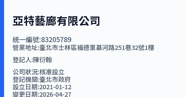 亞特藝廊有限公司的照片-統編 83205789(臺北市) 公司登記資料與營業項目詳細圖表