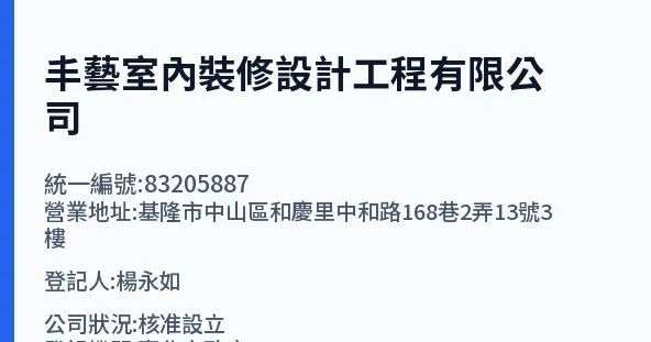丰藝室內裝修設計工程有限公司的照片-統編 83205887(基隆市) 公司登記資料與營業項目詳細圖表