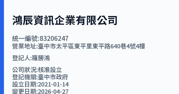 鴻辰資訊企業有限公司的照片-統編 83206247(臺中市) 公司登記資料與營業項目詳細圖表