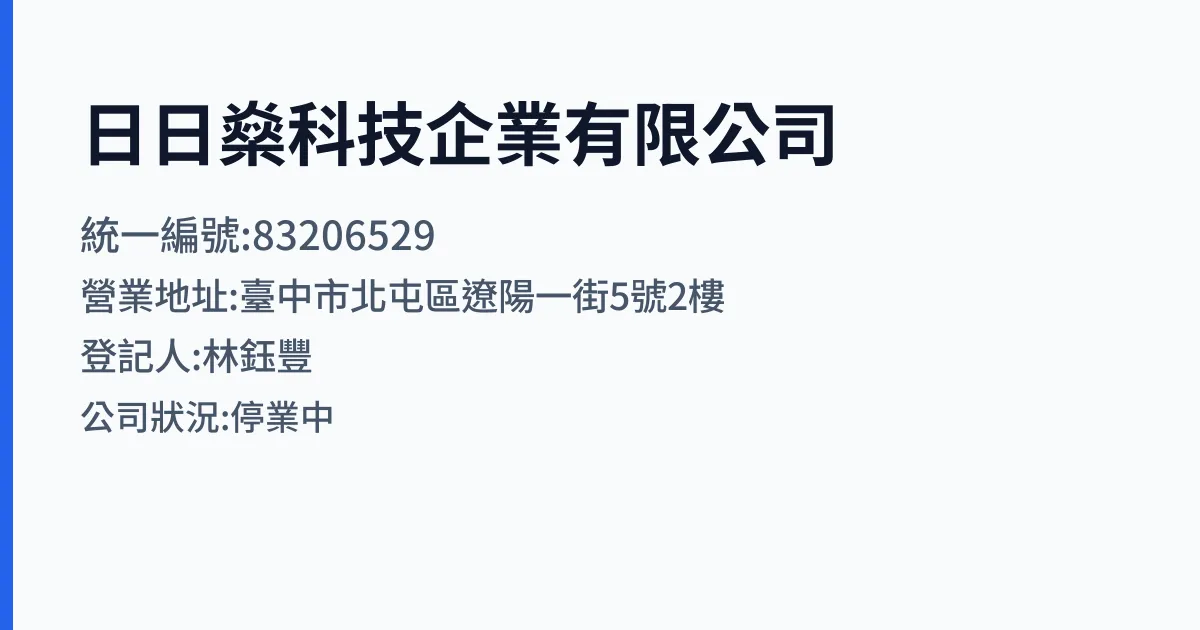 日日燊科技企業有限公司 - 統編 83206529(臺中市) 公司登記資料與營業項目詳細圖表