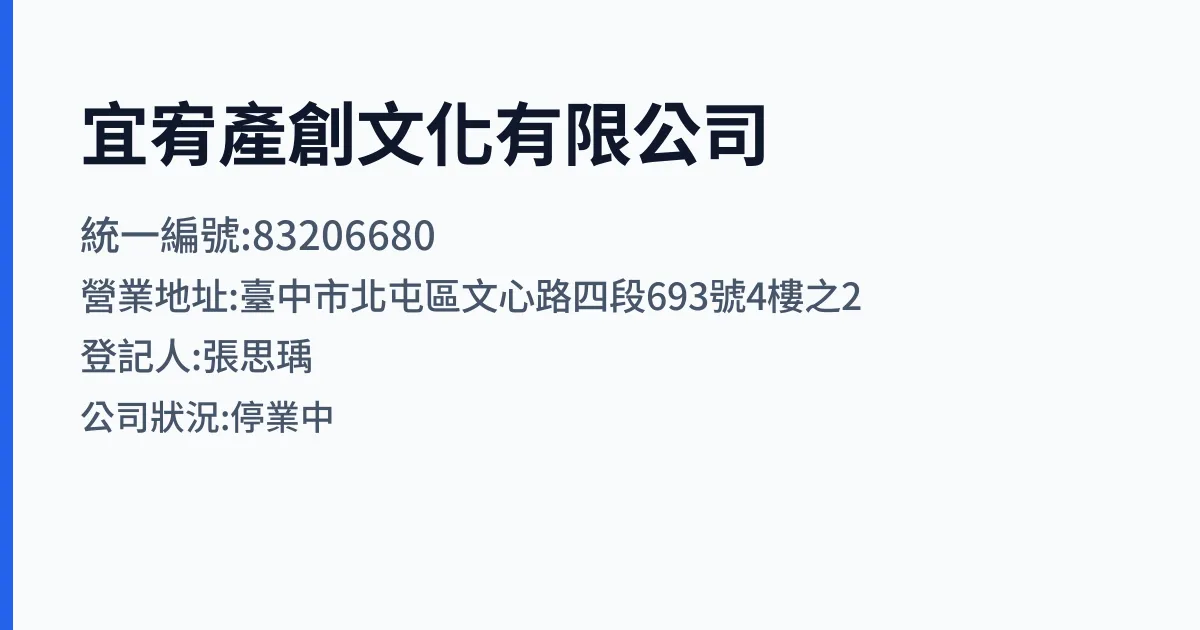 宜宥產創文化有限公司 - 統編 83206680(臺中市) 公司登記資料與營業項目詳細圖表