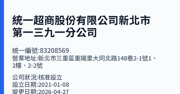 統一超商股份有限公司新北市第一三九一分公司的照片-統編 83208569(新北市) 公司登記資料與營業項目詳細圖表