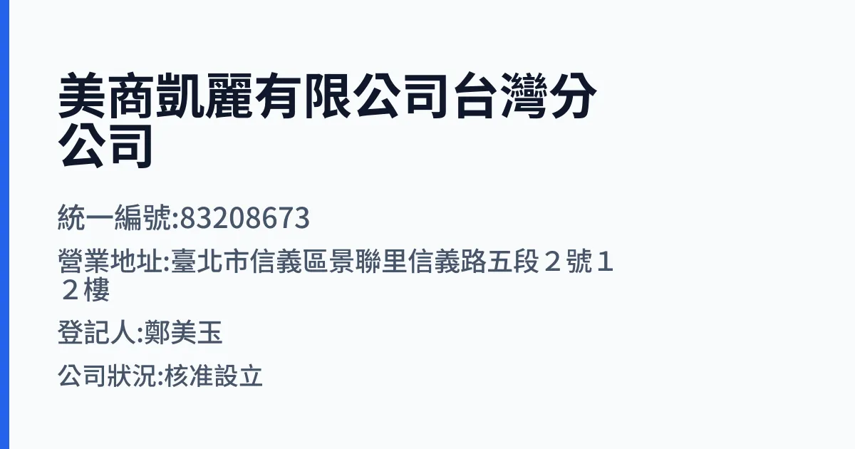 美商凱麗有限公司台灣分公司 - 統編 83208673(新北市) 公司登記資料與營業項目詳細圖表
