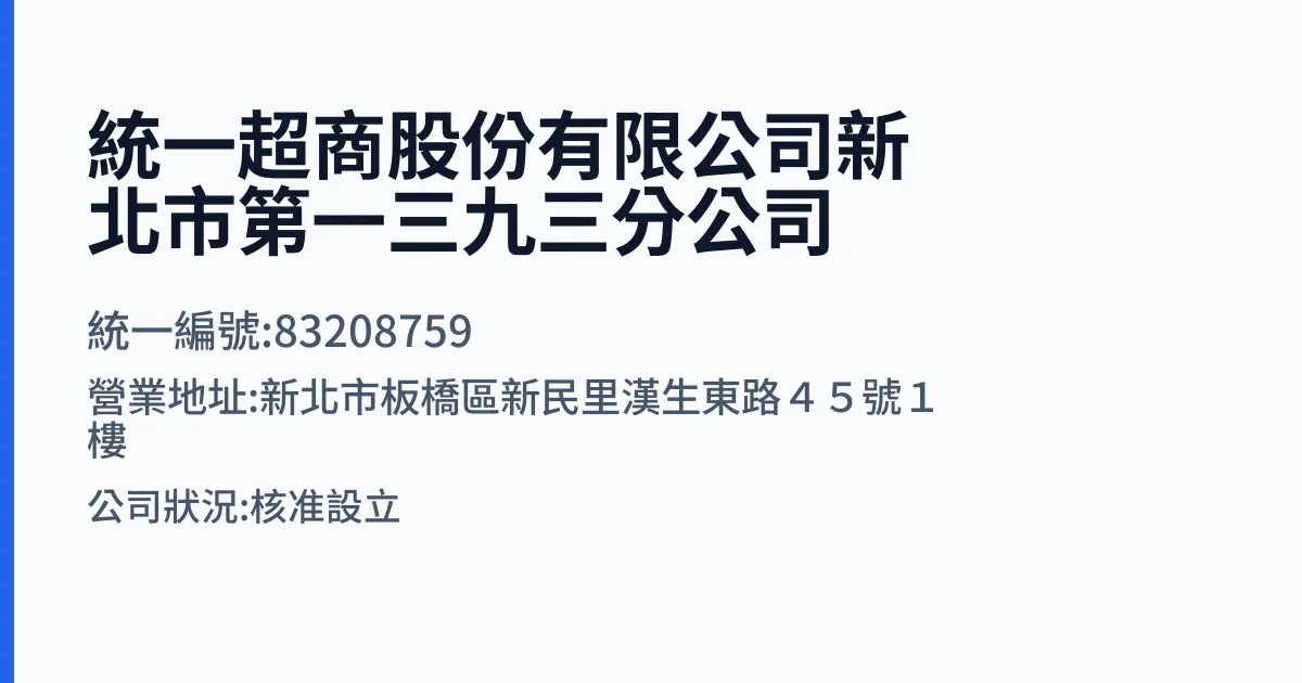 統一超商股份有限公司新北市第一三九三分公司 - 統編 83208759(新北市) 公司登記資料與營業項目詳細圖表