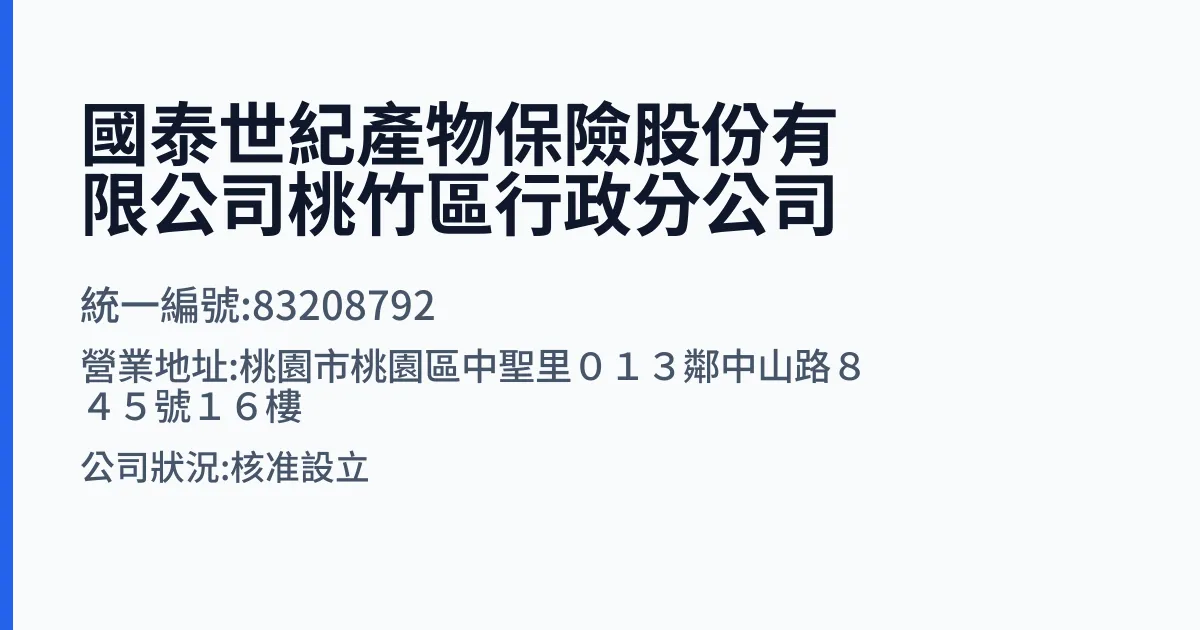 國泰世紀產物保險股份有限公司桃竹區行政分公司 - 統編 83208792(桃園市) 公司登記資料與營業項目詳細圖表