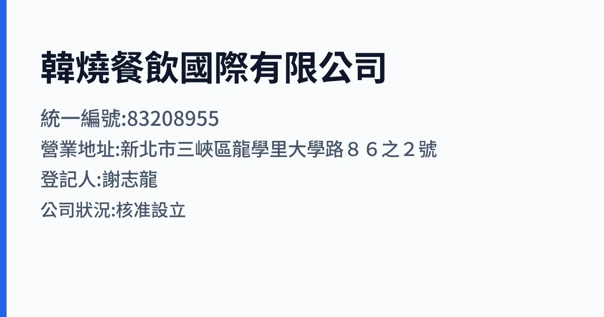 韓燒餐飲國際有限公司 - 統編 83208955(新北市) 公司登記資料與營業項目詳細圖表