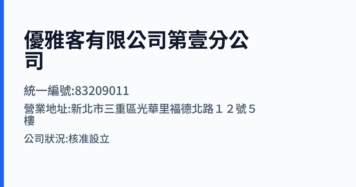 優雅客有限公司第壹分公司 - 統編 83209011(新北市) 公司登記資料與營業項目詳細圖表