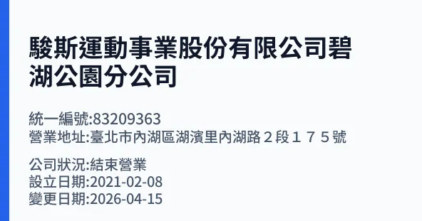 駿斯運動事業股份有限公司碧湖公園分公司的照片-統編 83209363(臺北市) 公司登記資料與營業項目詳細圖表