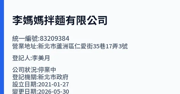 李媽媽拌麵有限公司的照片-統編 83209384(新北市) 公司登記資料與營業項目詳細圖表