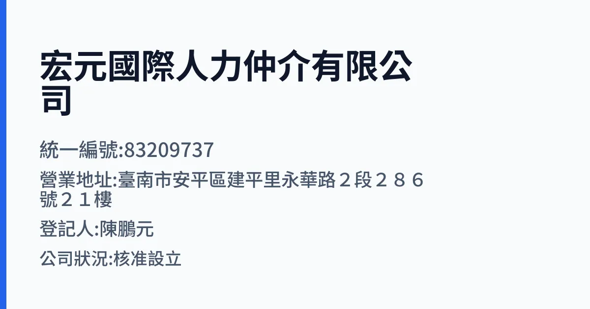 宏元國際人力仲介有限公司 - 統編 83209737(臺南市) 公司登記資料與營業項目詳細圖表