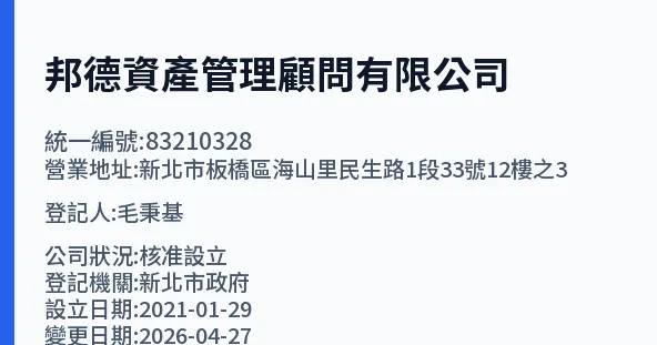 邦德資產管理顧問有限公司的照片-統編 83210328(新北市) 公司登記資料與營業項目詳細圖表