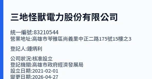 三地怪獸電力股份有限公司的照片-統編 83210544(高雄市) 公司登記資料與營業項目詳細圖表