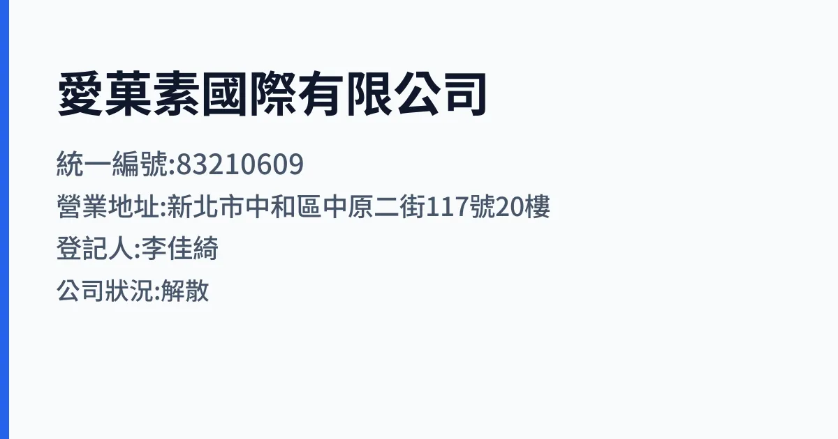 愛菓素國際有限公司 - 統編 83210609(新北市) 公司登記資料與營業項目詳細圖表