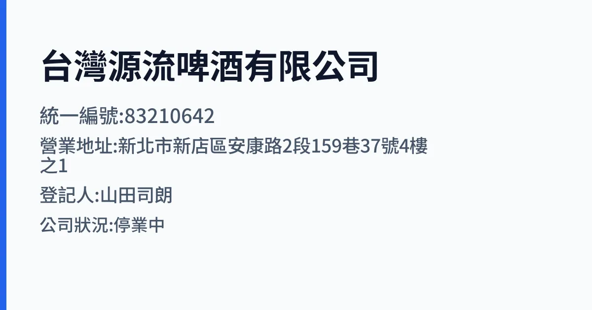 台灣源流啤酒有限公司 - 統編 83210642(新北市) 公司登記資料與營業項目詳細圖表