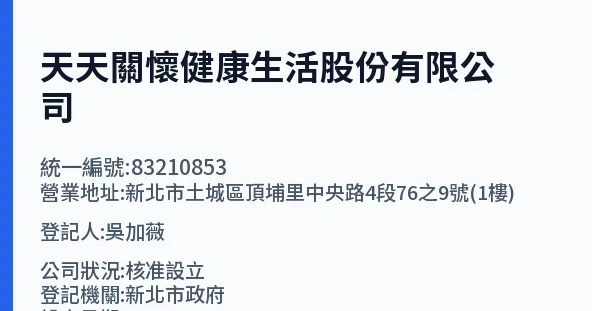 天天關懷健康生活股份有限公司的照片-統編 83210853(新北市) 公司登記資料與營業項目詳細圖表