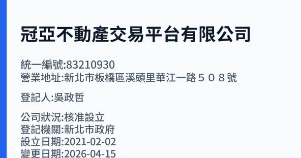 冠亞不動產交易平台有限公司的照片-統編 83210930(新北市) 公司登記資料與營業項目詳細圖表