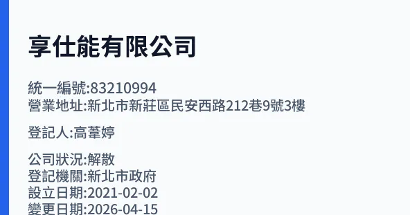 享仕能有限公司的照片-統編 83210994(新北市) 公司登記資料與營業項目詳細圖表