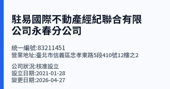 駐易國際不動產經紀聯合有限公司永春分公司的照片-統編 83211451(臺北市) 公司登記資料與營業項目詳細圖表