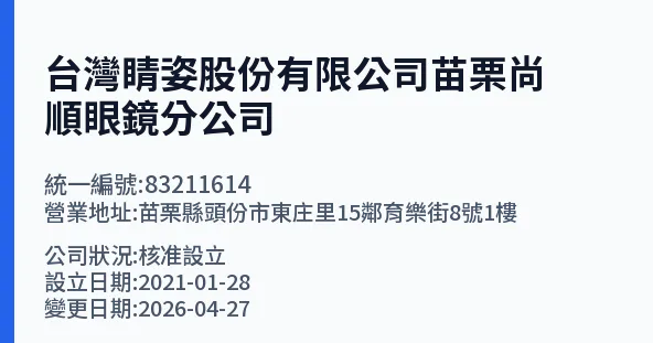 台灣睛姿股份有限公司苗栗尚順眼鏡分公司的照片-統編 83211614(苗栗縣) 公司登記資料與營業項目詳細圖表