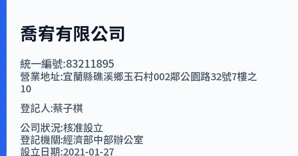喬宥有限公司的照片-統編 83211895(宜蘭縣) 公司登記資料與營業項目詳細圖表