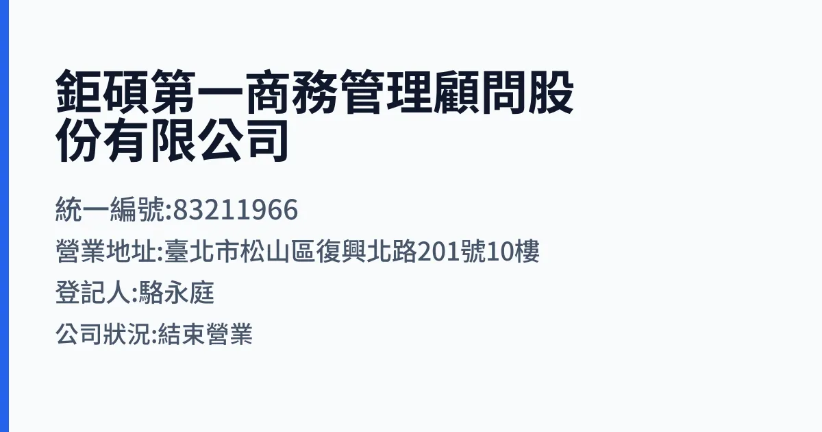 鉅碩第一商務管理顧問股份有限公司 - 統編 83211966(臺北市) 公司登記資料與營業項目詳細圖表