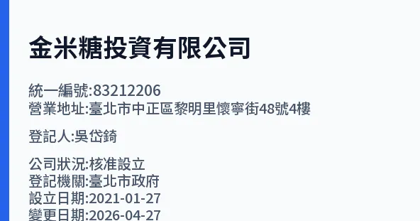金米糖投資有限公司的照片-統編 83212206(臺北市) 公司登記資料與營業項目詳細圖表