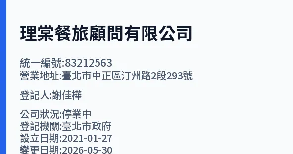 理棠餐旅顧問有限公司的照片-統編 83212563(臺北市) 公司登記資料與營業項目詳細圖表