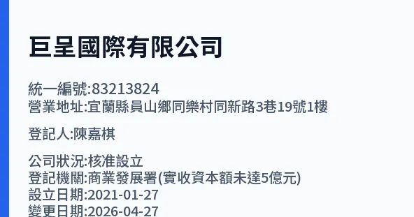 巨呈國際有限公司的照片-統編 83213824(宜蘭縣) 公司登記資料與營業項目詳細圖表