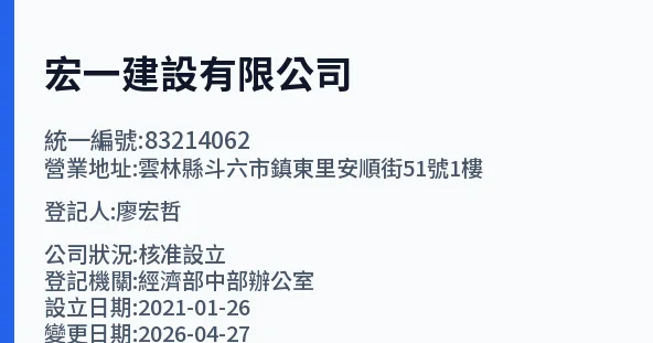 宏一建設有限公司的照片-統編 83214062(雲林縣) 公司登記資料與營業項目詳細圖表